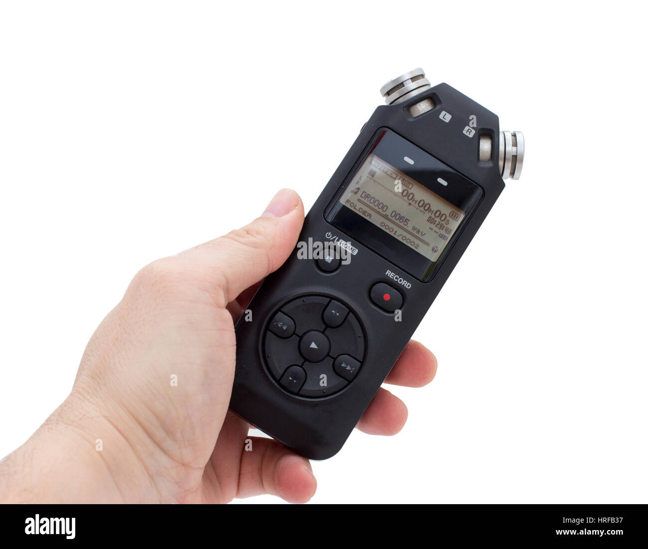 Male hand holding Audio Recorder using for documenting sound, isolated ...