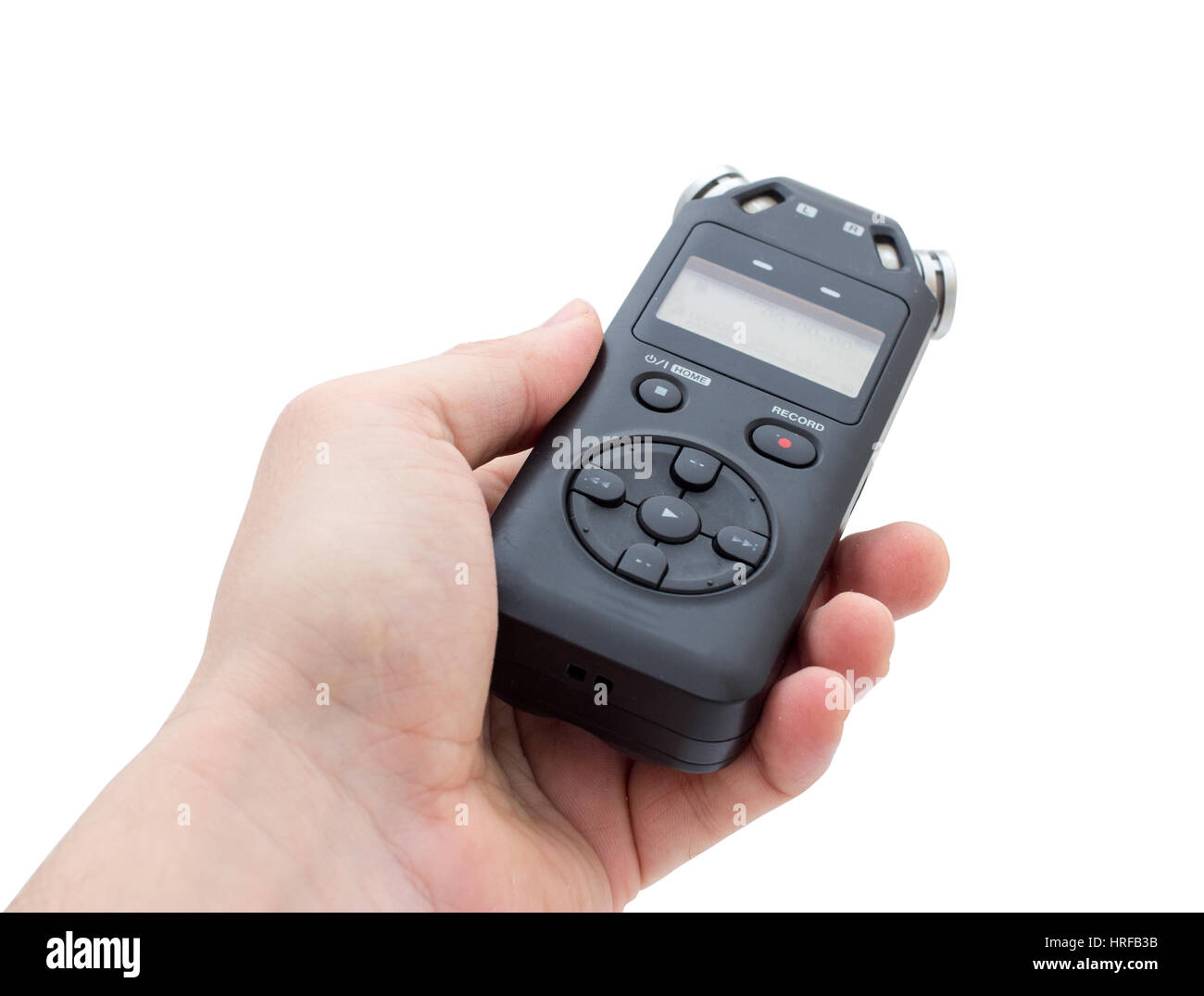 Male hand holding Audio Recorder using for documenting sound, isolated ...