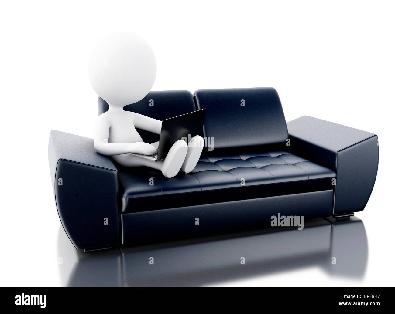 3d renderer image. White people using laptop on couch. Isolated white ...