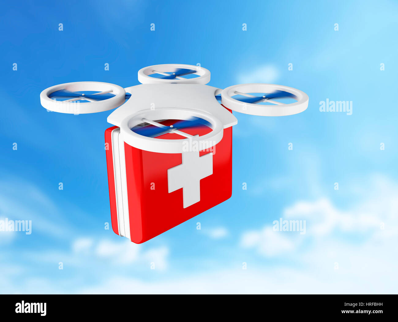 3d renderer image. Drone carrying a first aid kit. Delivery concept ...
