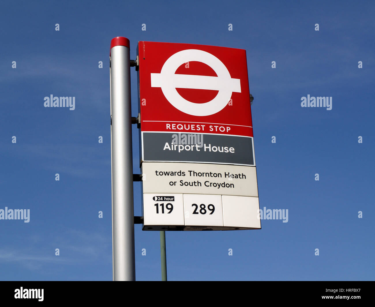 London Transport request bus stop sign outside Airport House, Croydon ...