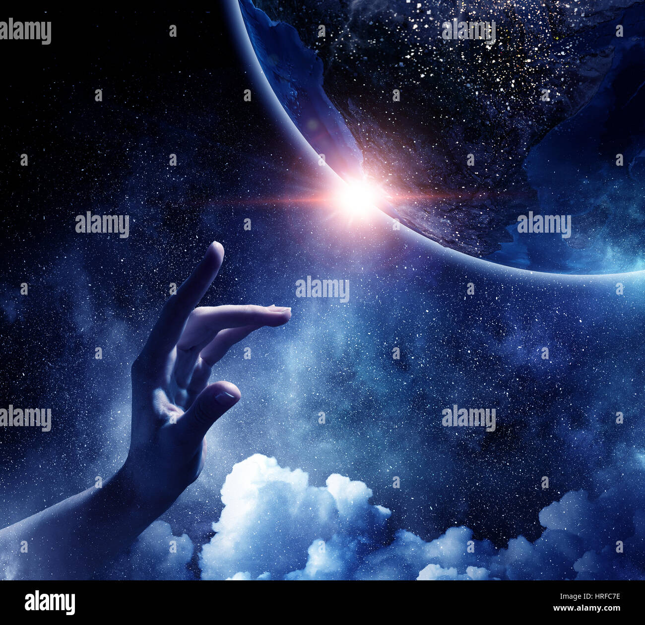 Close of human hand touching with finger Earth planet. Elements of this ...