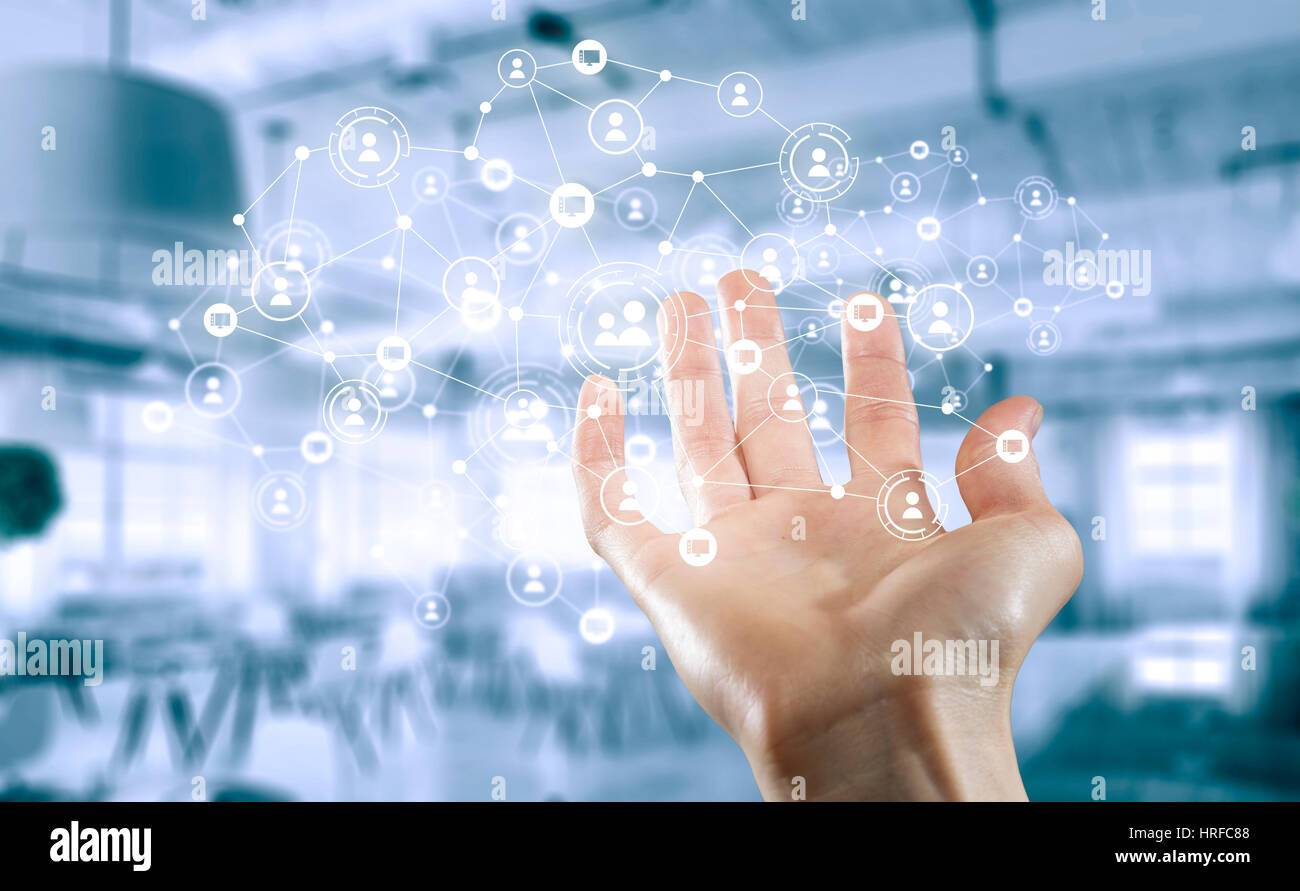 Woman hand showing in palm digital connection concept. 3D rendering ...