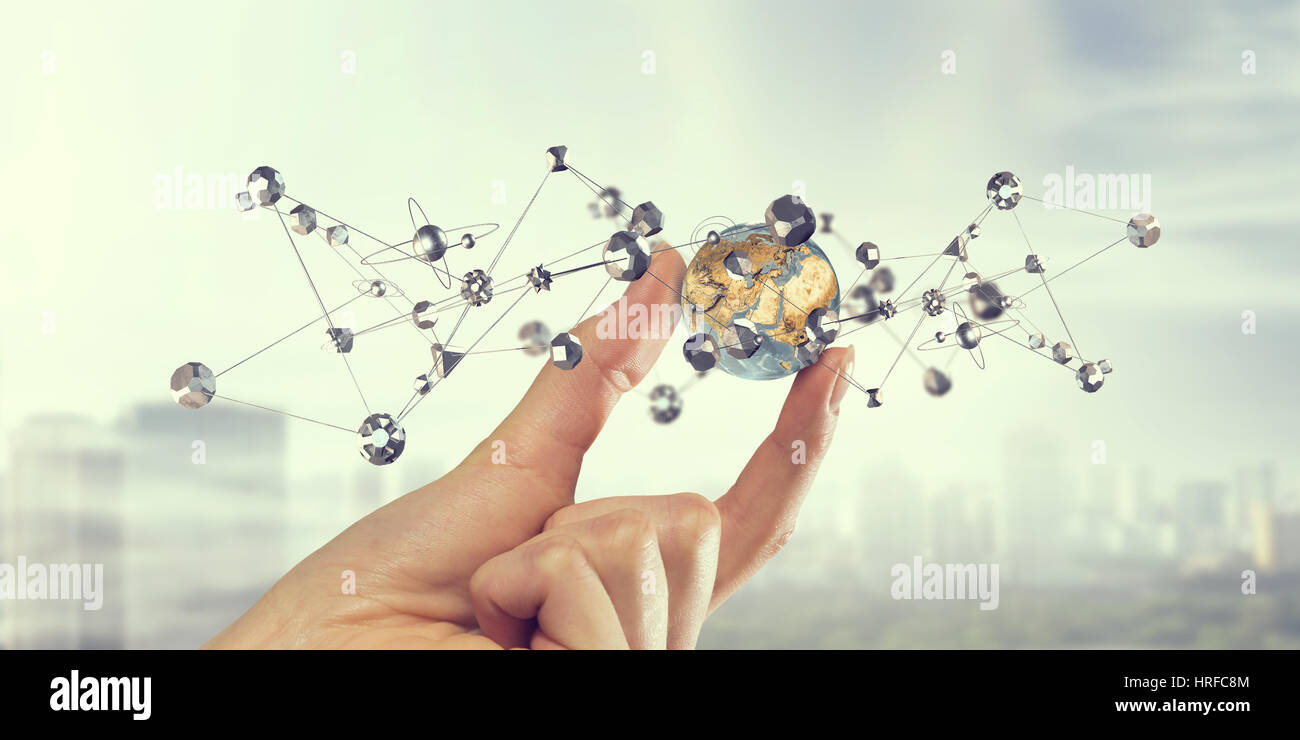 Female hand holding Earth planet presenting connection technologies ...