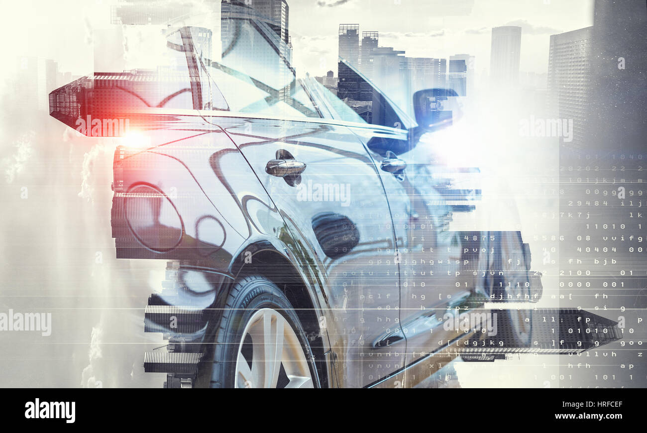 Double exposure image of car and modern city Stock Photo - Alamy