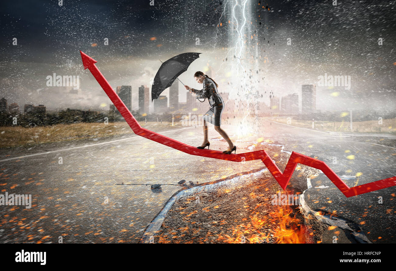 Businesswoman with umbrella walking against strong wind. Mixed media ...