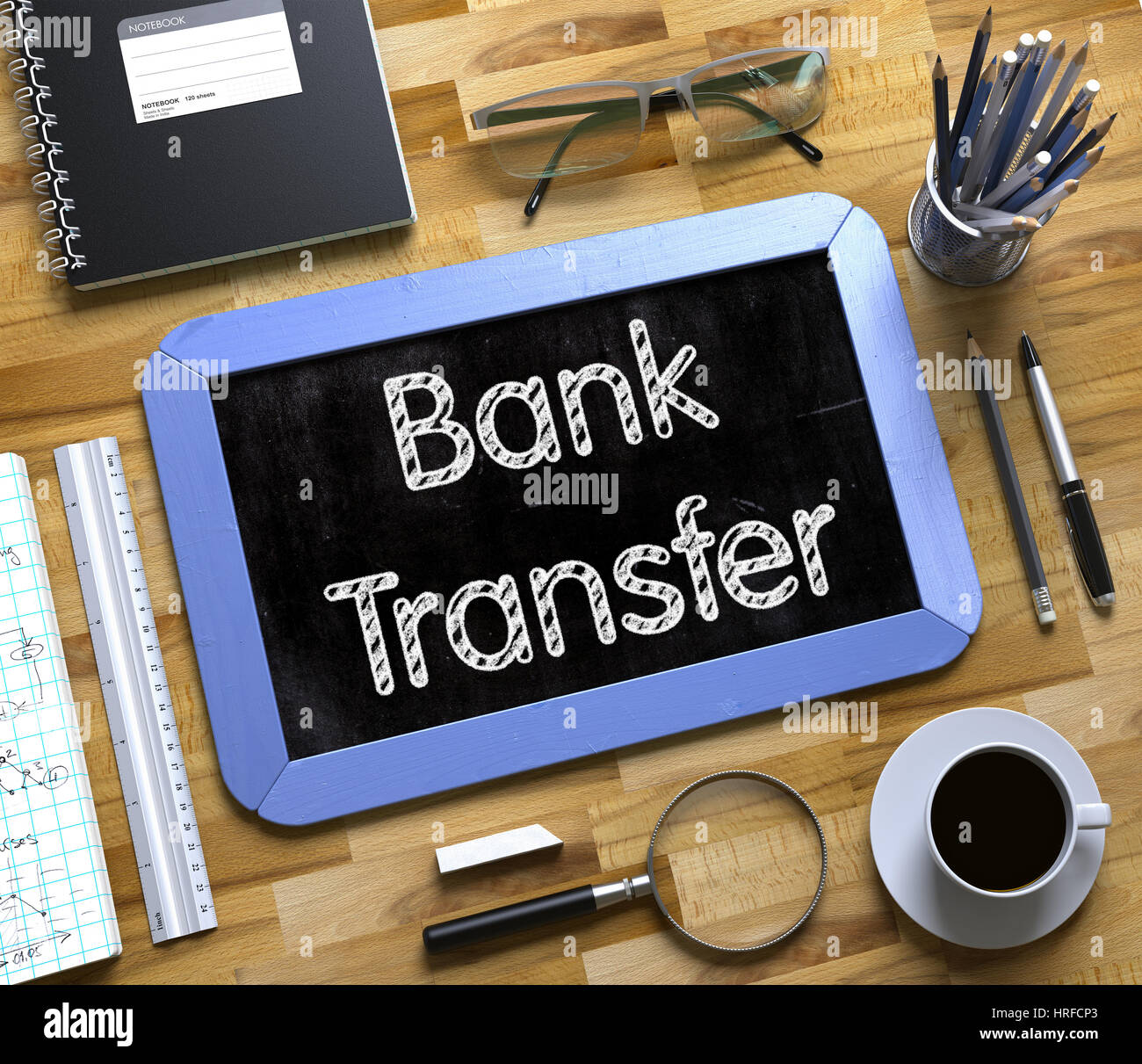 Bank Transfer Handwritten on Blue Small Chalkboard. Top View of Wooden ...