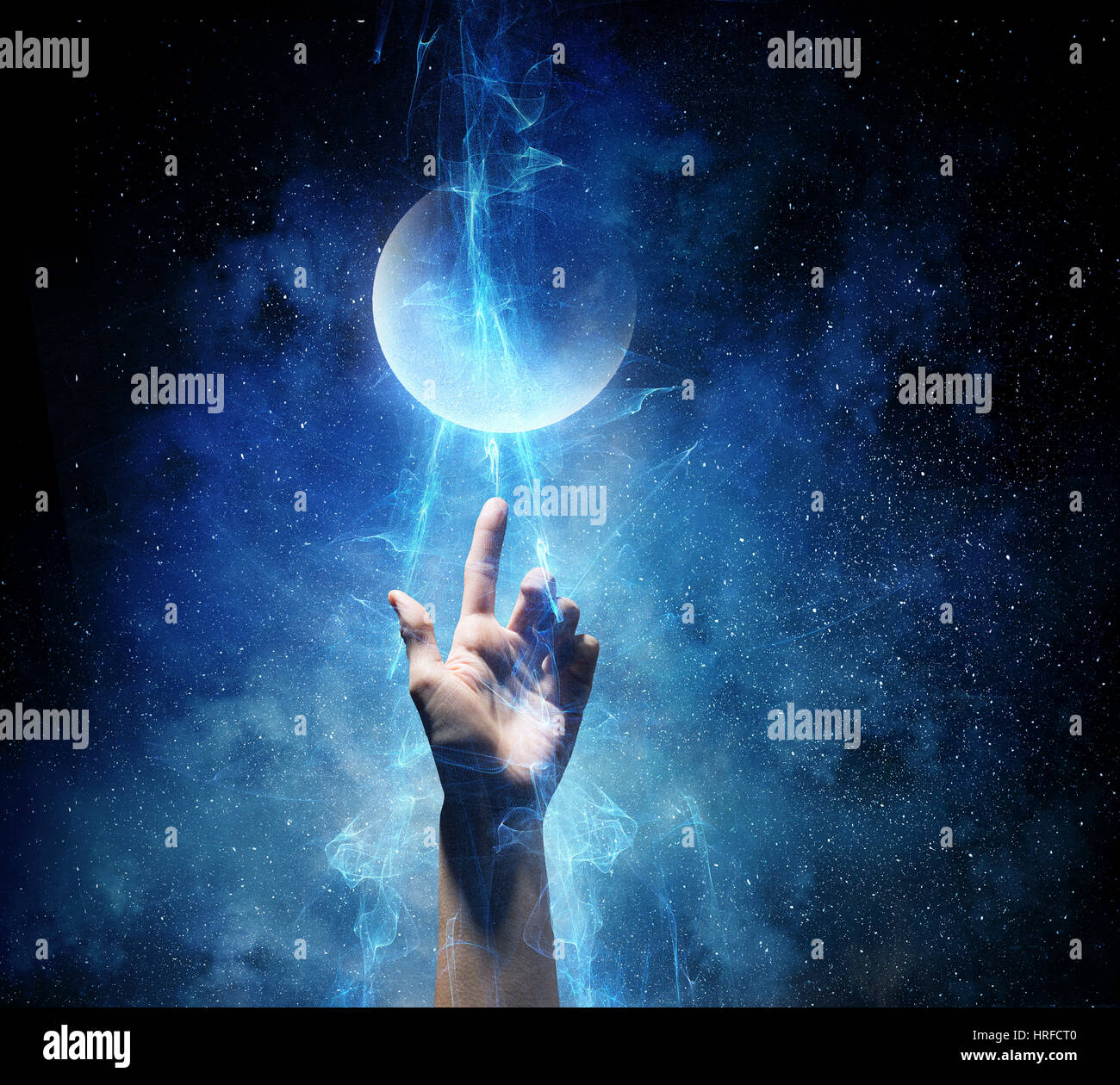 Close of man hand touching with finger moon planet Stock Photo - Alamy