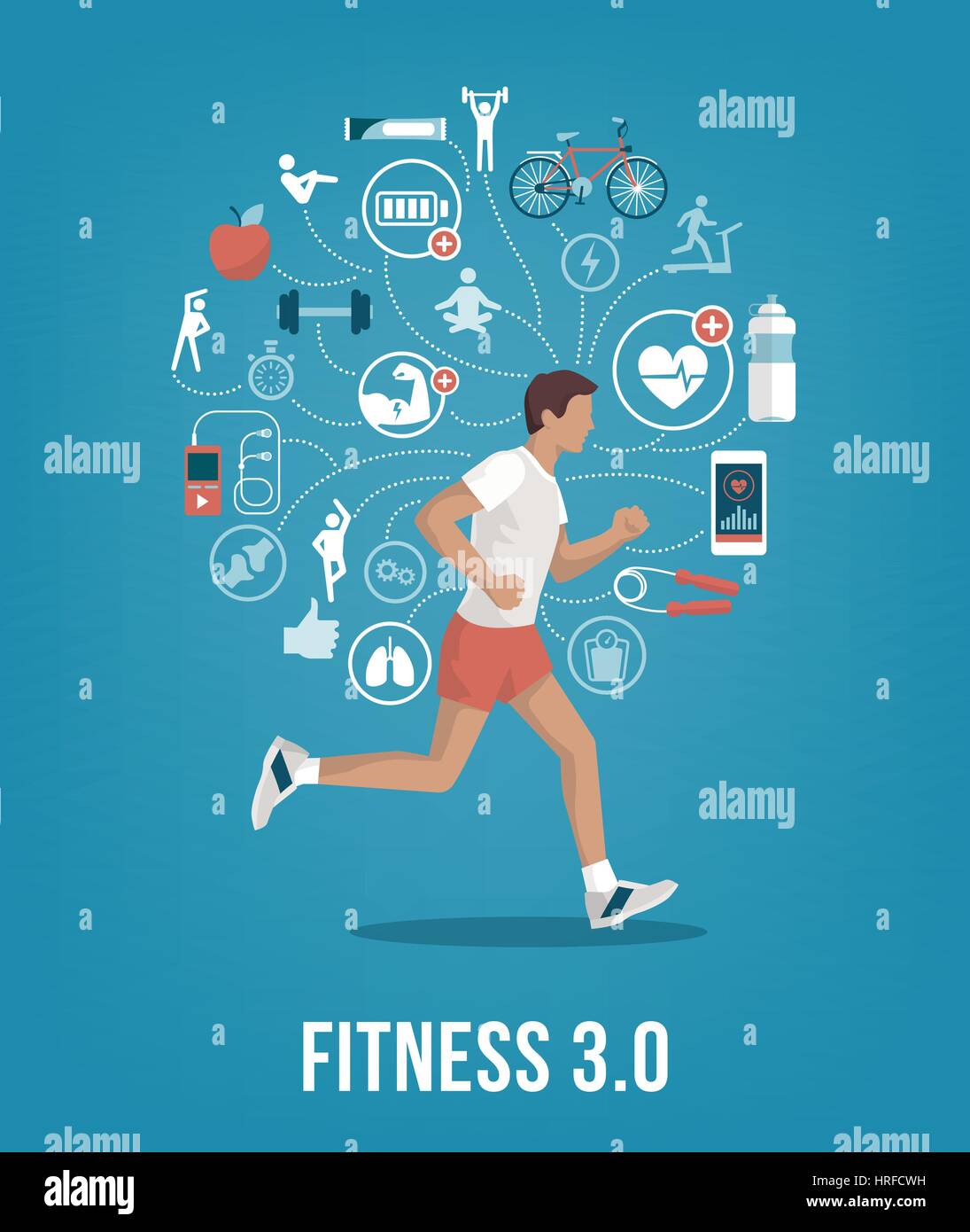 Athletic young man running surrounded by fitness concepts and icons ...