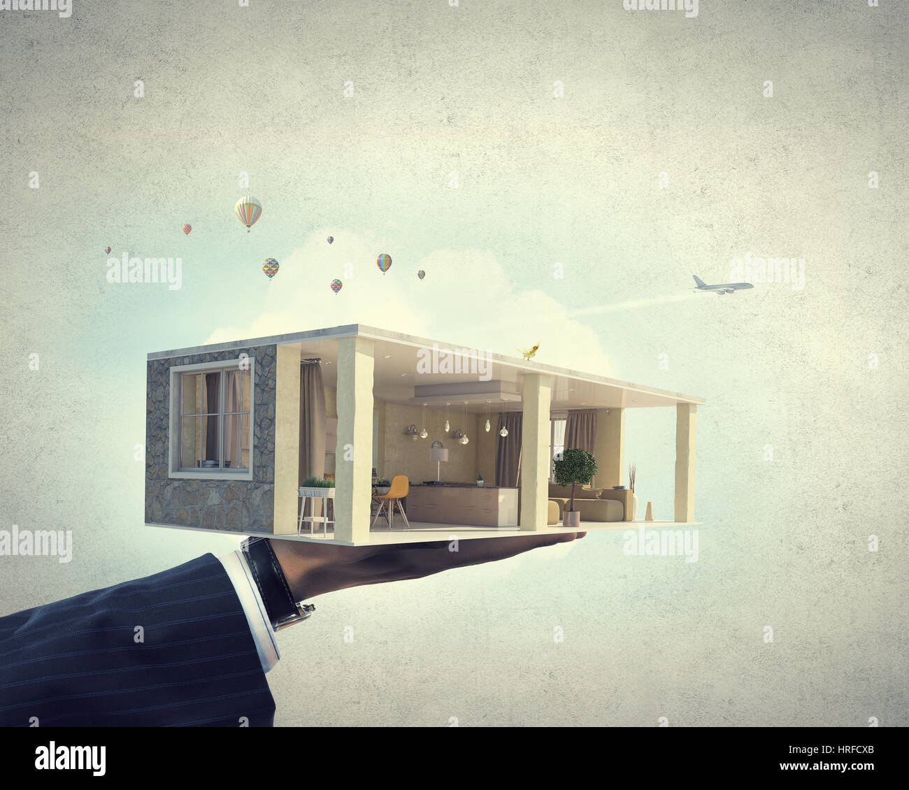 Hand holding in palm room interior design. Mixed media Stock Photo - Alamy