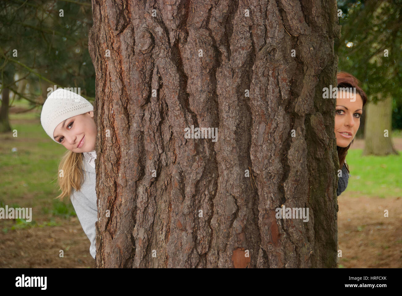 Big sister and little sister by a tree in a park Stock Photo - Alamy