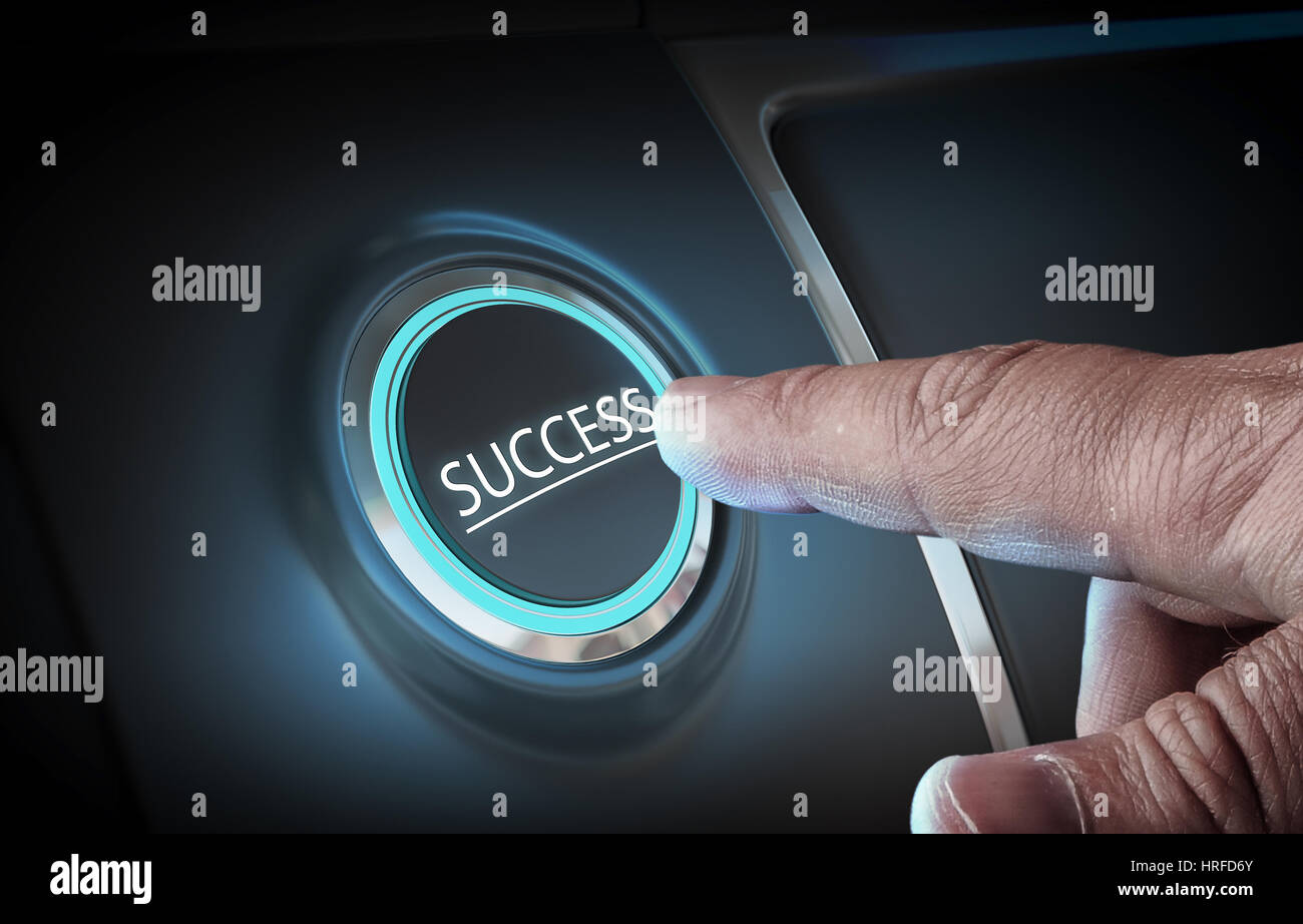 Close of hand pushing glowing blue button Stock Photo - Alamy