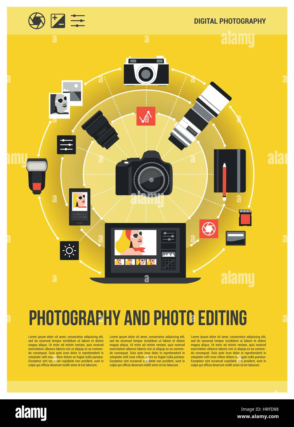 Photography and photo editing concept poster: camera, laptop and ...
