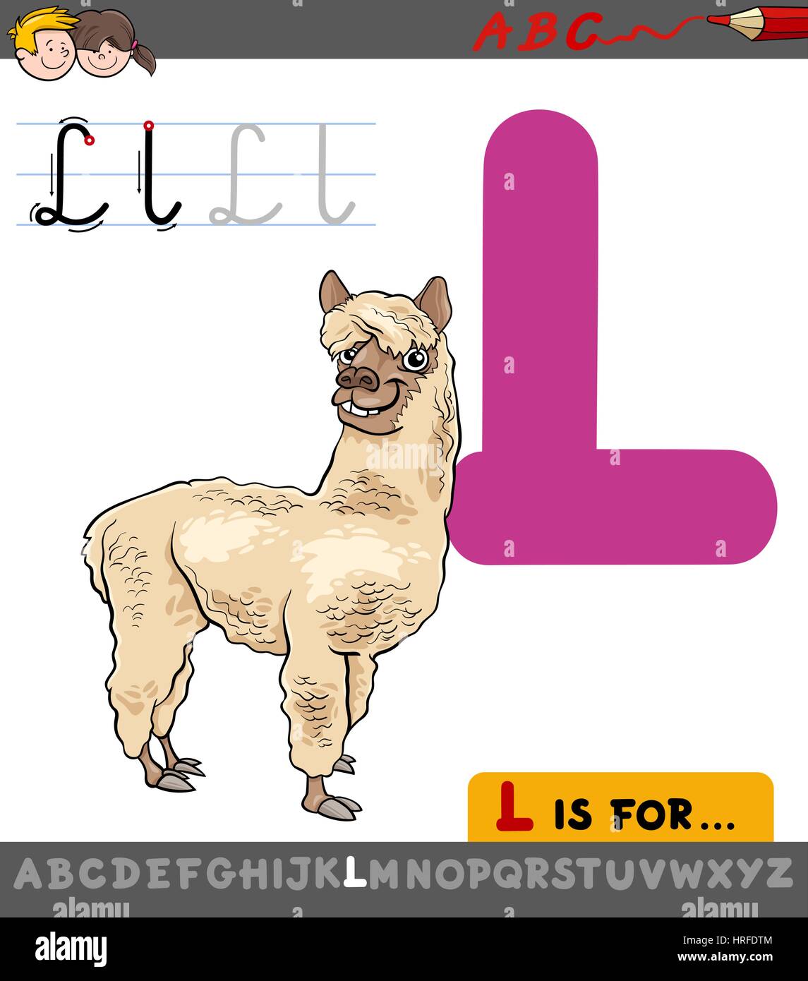 Educational Cartoon Illustration of Letter L from Alphabet with Llama ...