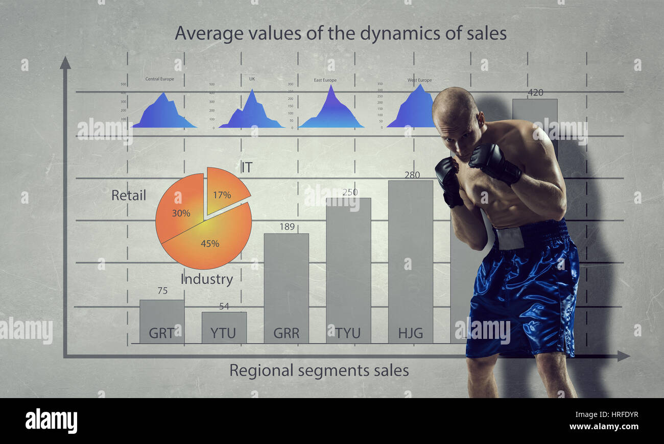 Young determined man boxing against graphs background. Mixed media ...