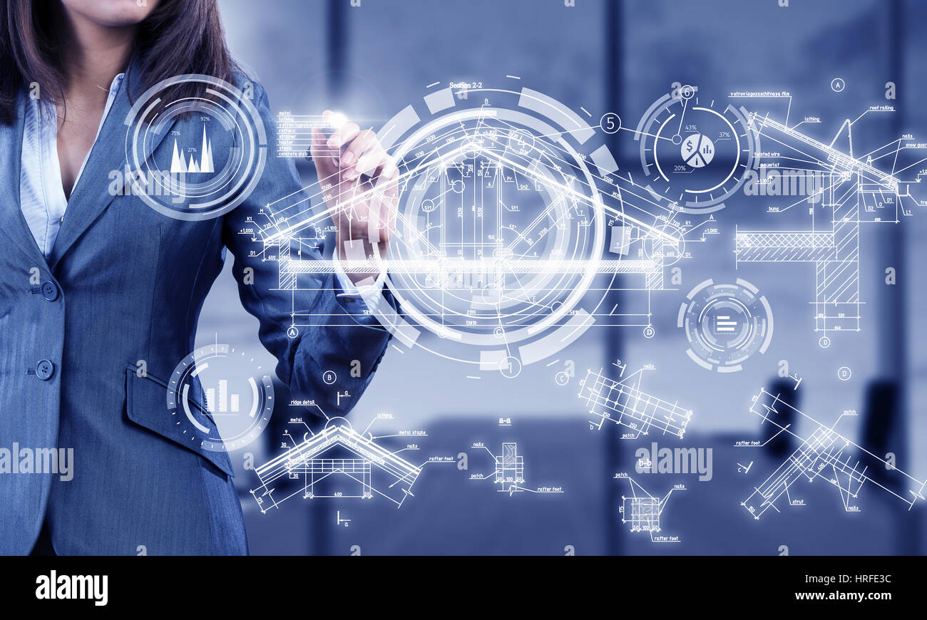 Chest view of businesswoman drawing infographs on screen mixed media hi ...