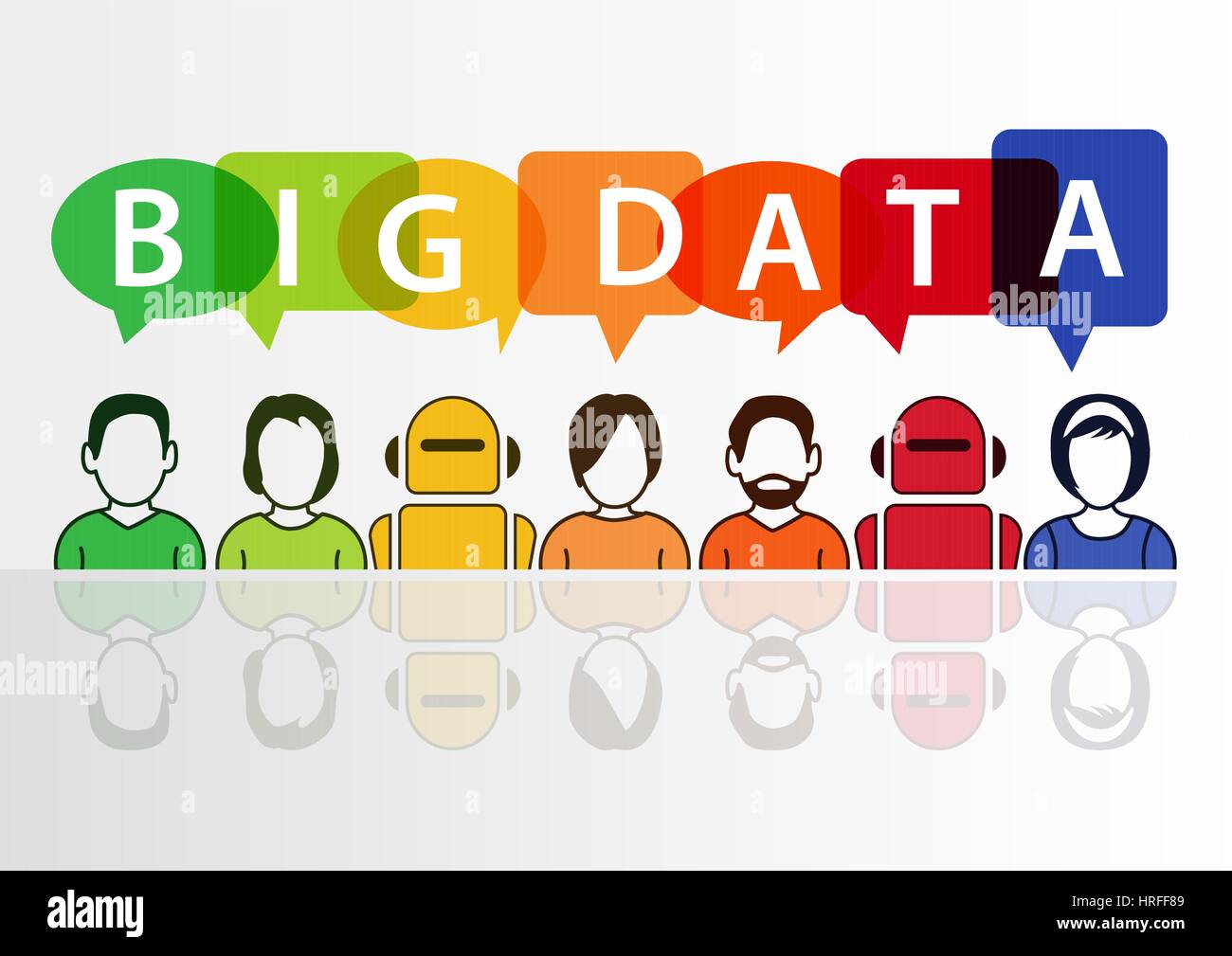 Big data text with colorful icons of people and robot working together ...