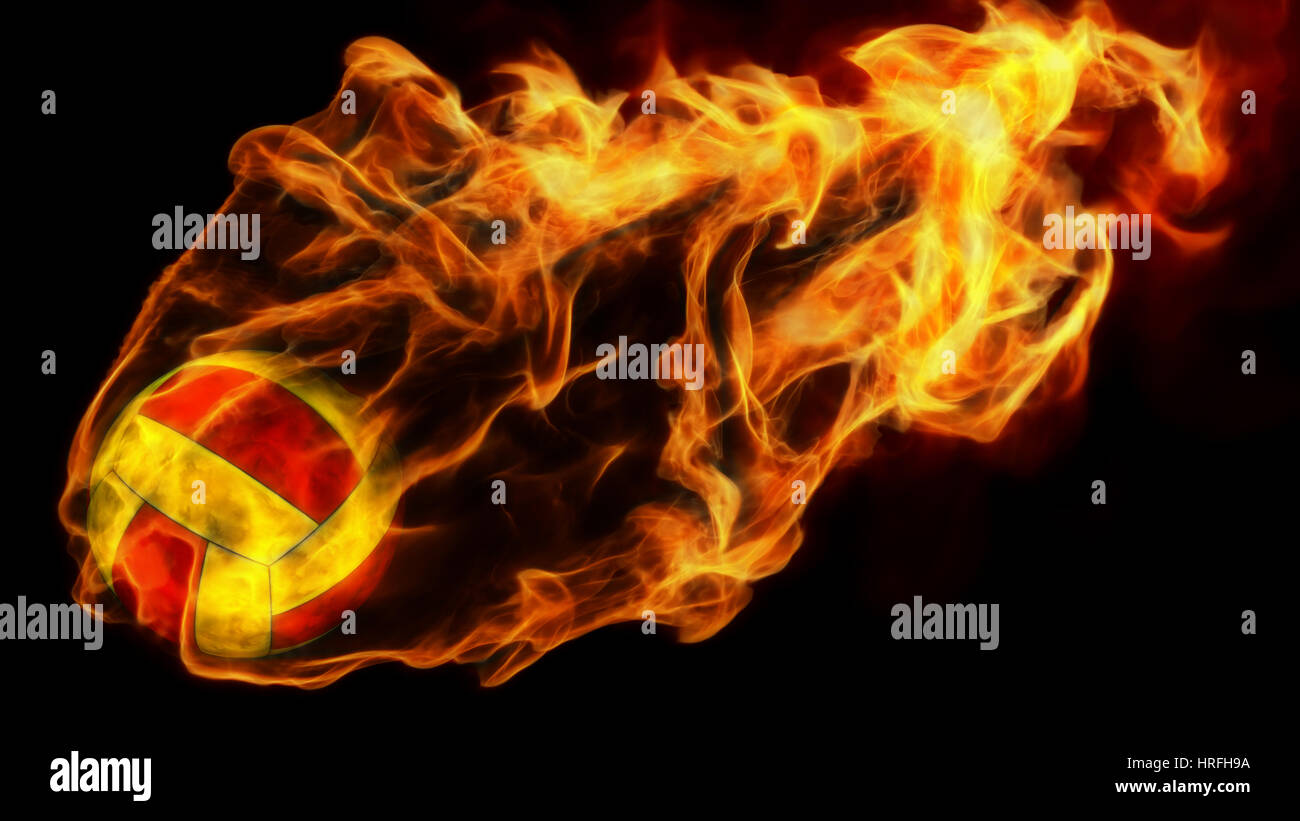 3d illustration of burning volleyball attack. isolated on black Stock ...