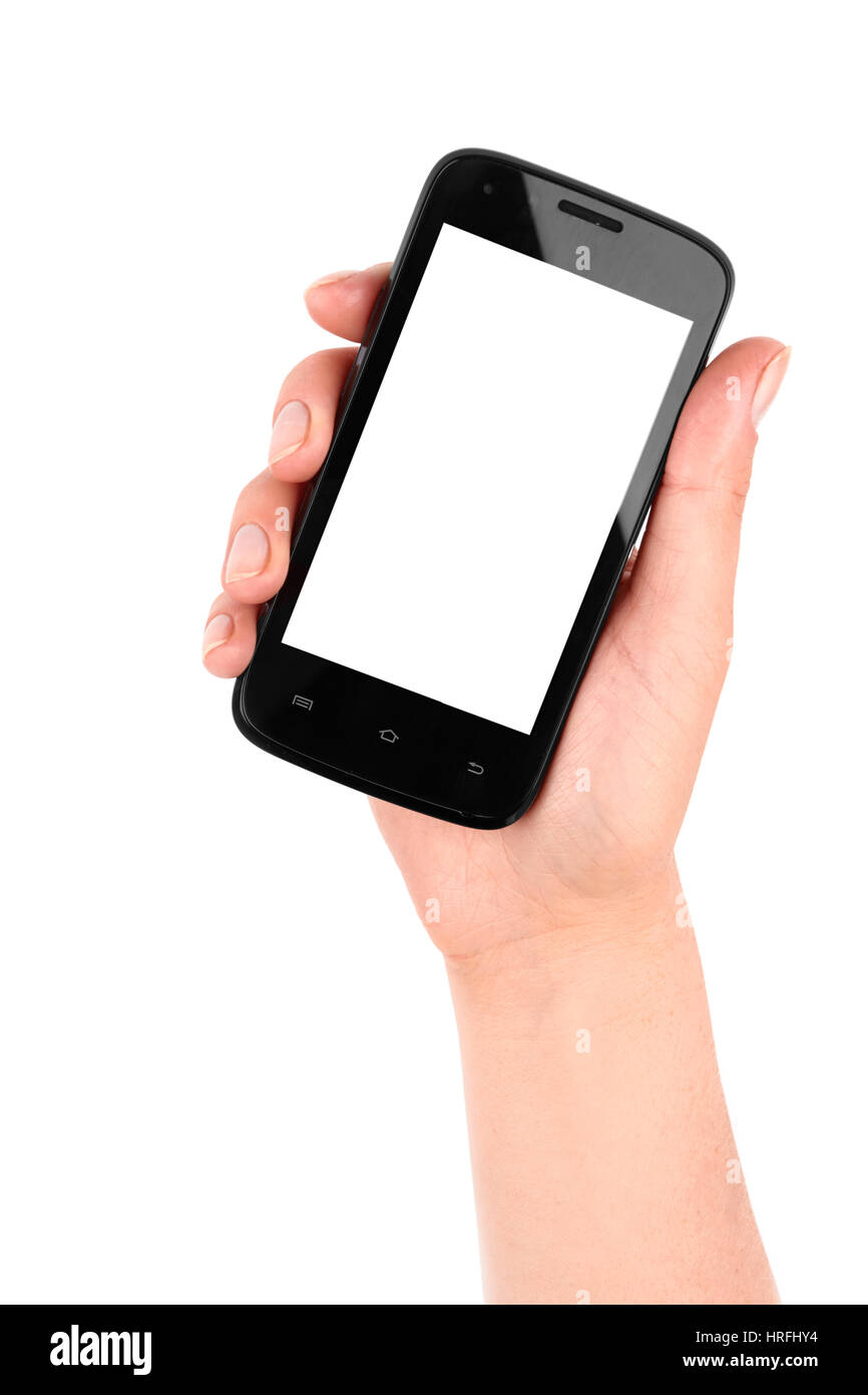 blank screen mobile phone in female hand isolated on a white background ...