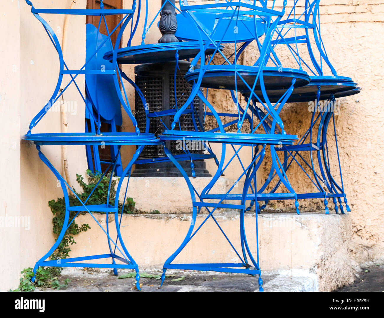 Blue Cafe Tables in Athens Stock Photo - Alamy