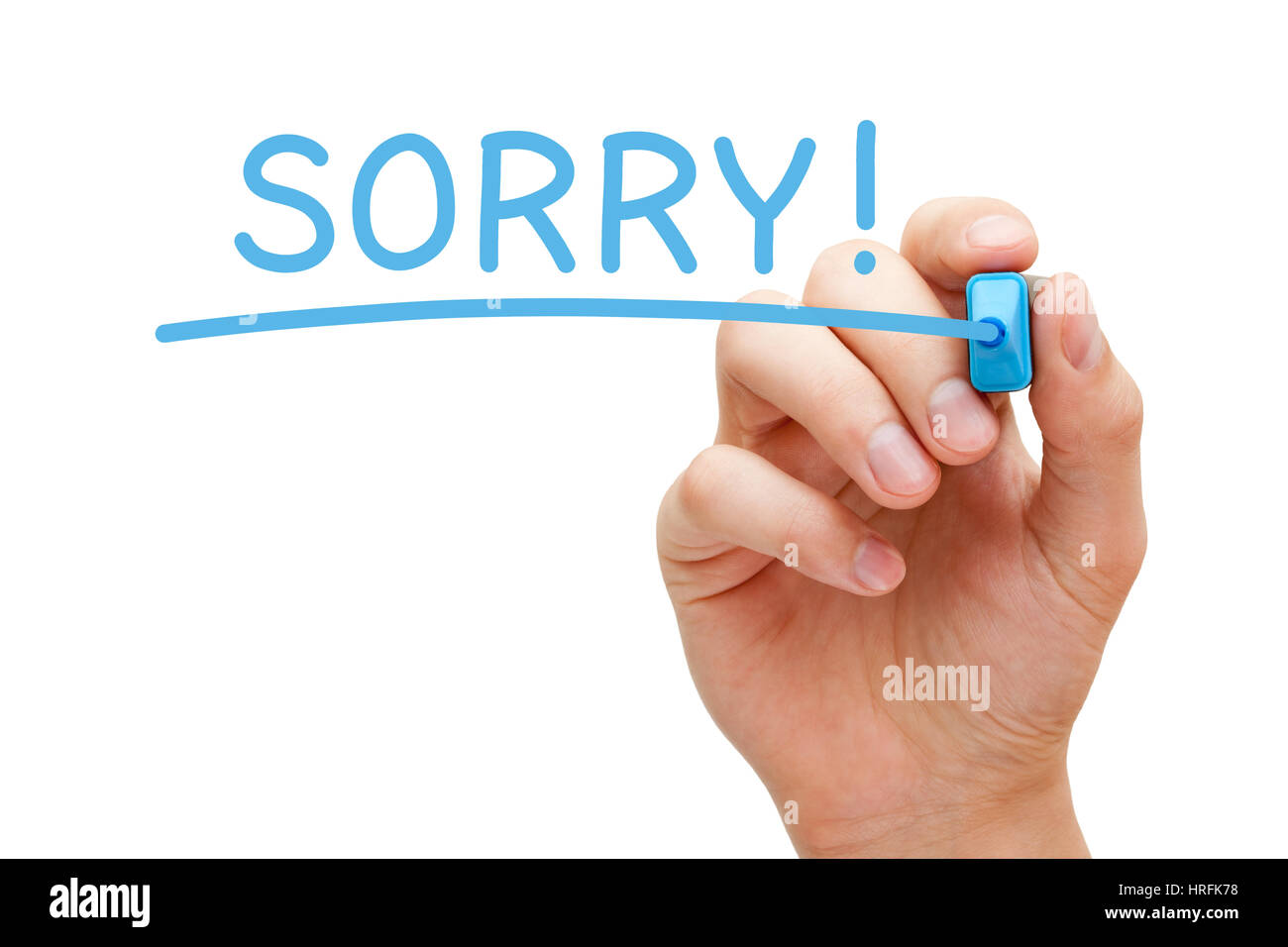 Hand writing Sorry with blue marker on transparent glass board isolated ...