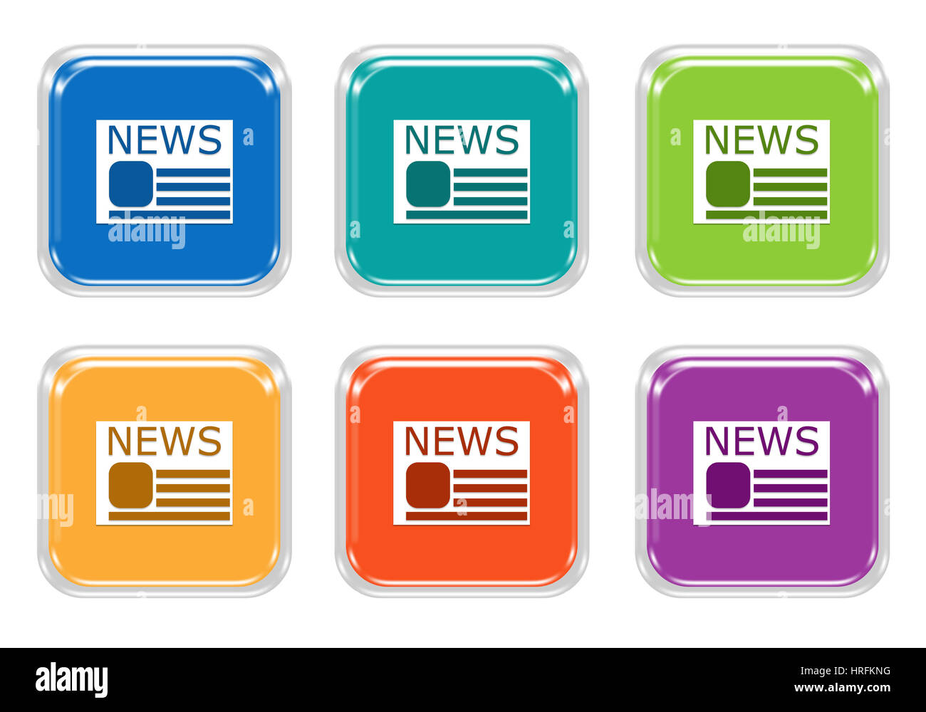 Set of squared colorful buttons with news symbol in blue, green, yellow ...