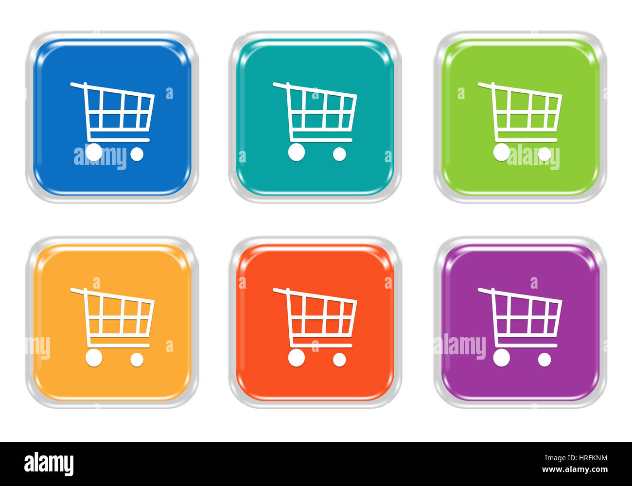 Set of squared colorful buttons with shopping cart symbol in blue ...