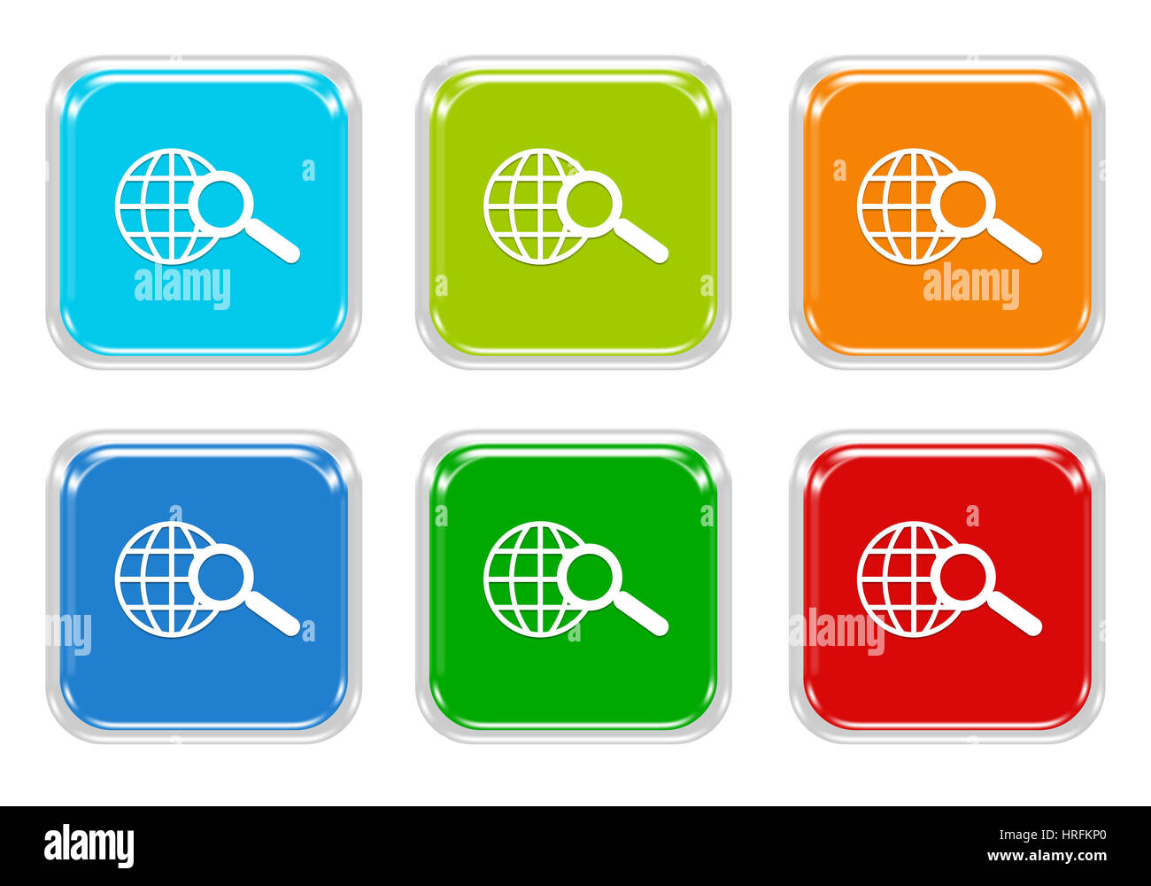 Set of squared colorful buttons with search symbol in blue, green, red ...