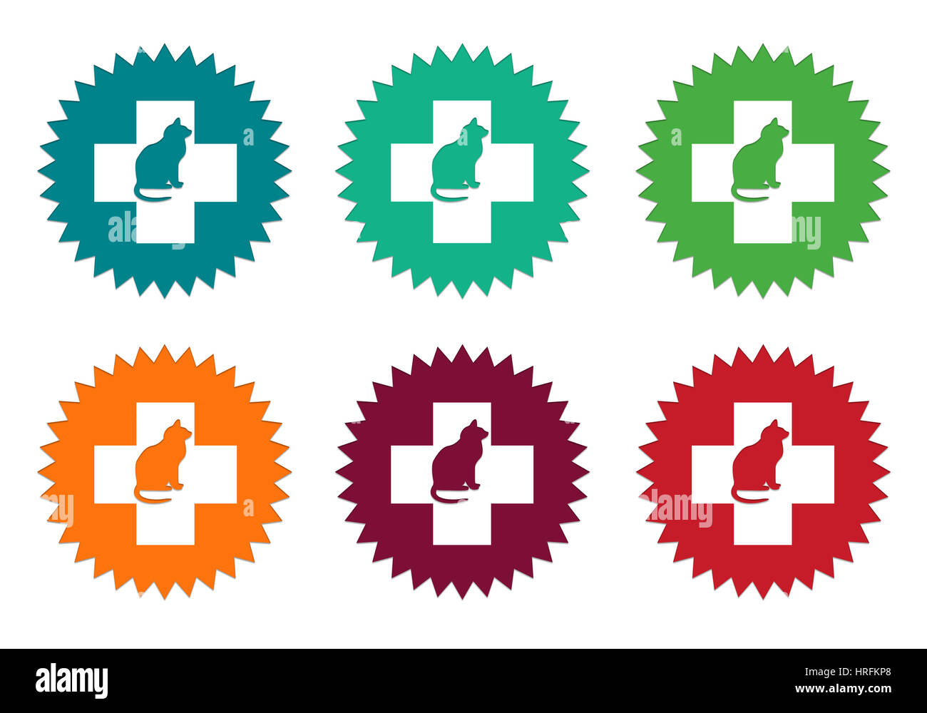 Set of colorful stickers icons with veterinary and cat symbol in blue ...