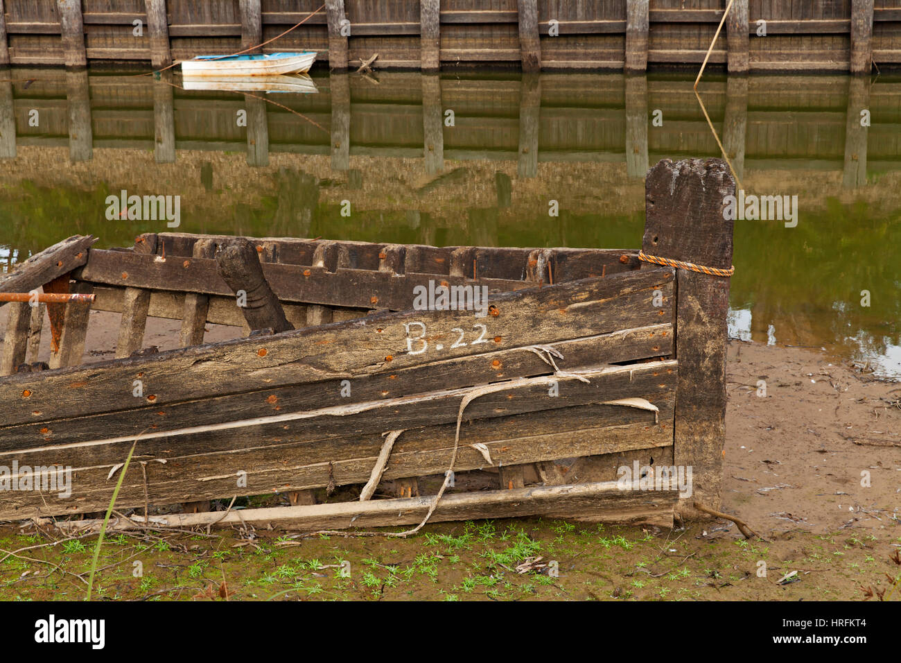 Old derteriorated river barge #22 alongside the historic Port of Echuca ...