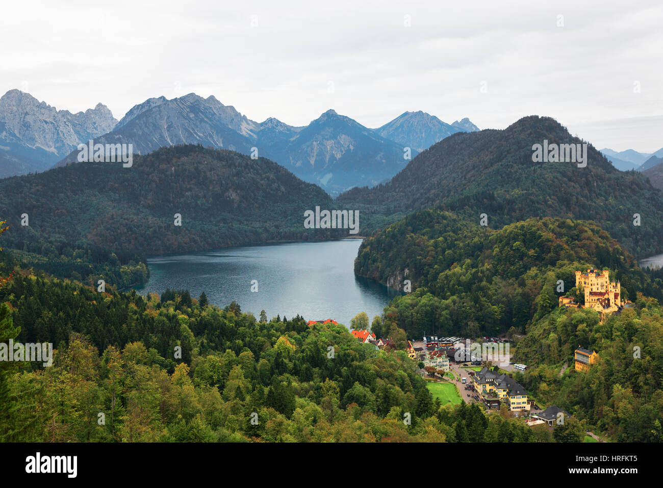 Hohenschwangau Castle and village at Lake Alpsee, Germany Stock Photo ...