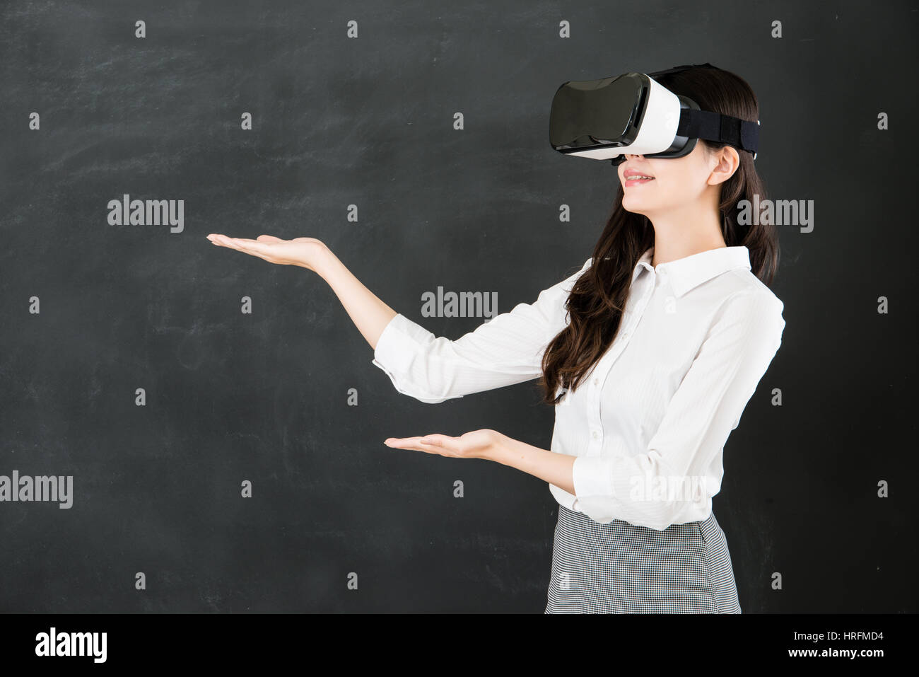 asian woman teacher presenting with virtual reality. VR headset glasses ...
