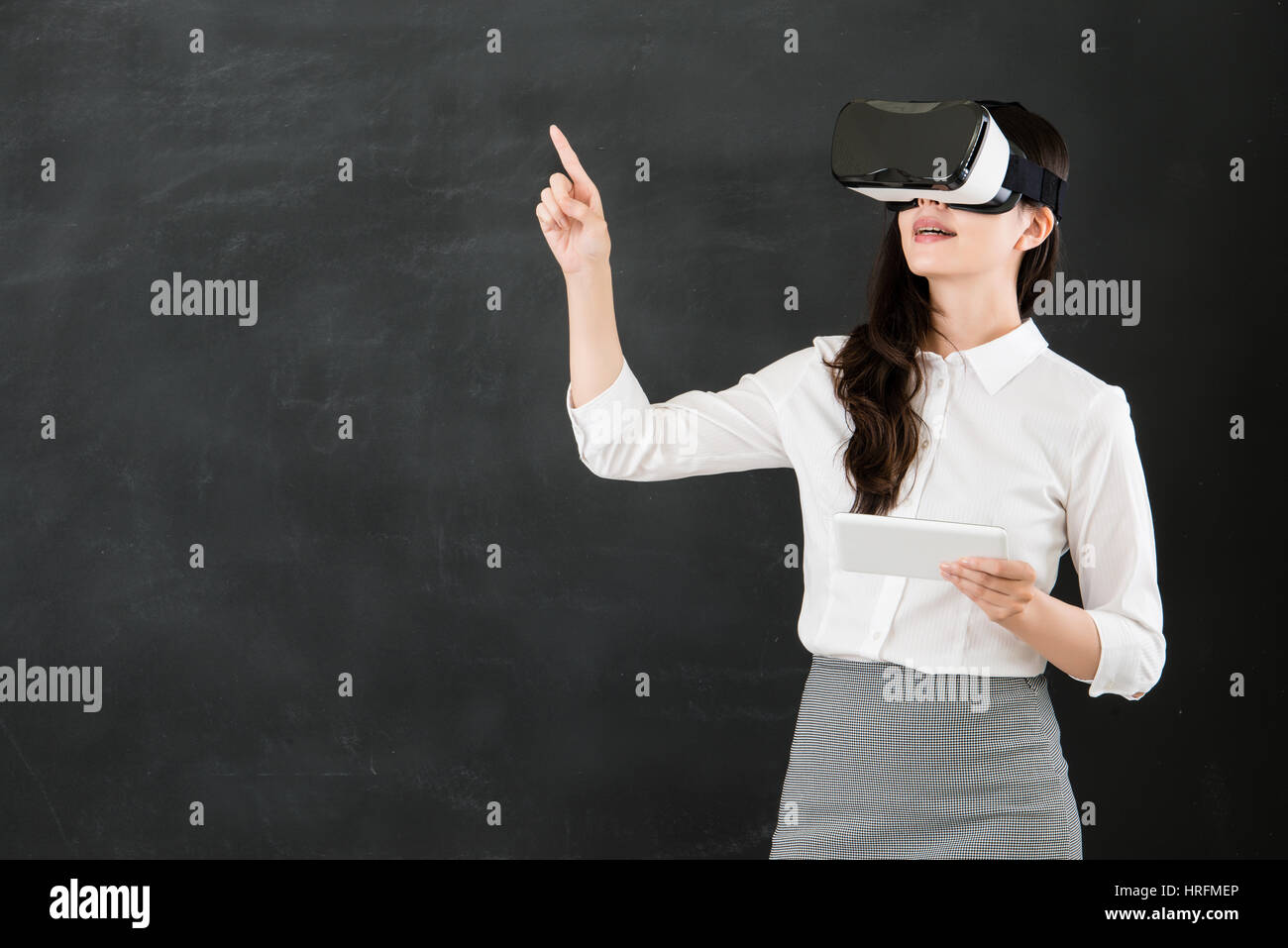 asian woman teacher touch screen with virtual reality and digital ...