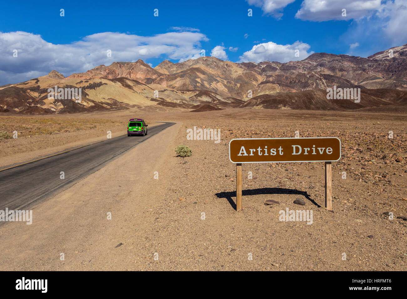 Welcome sign, scenic drive, Artist Drive, Black Mountains, Death Valley ...