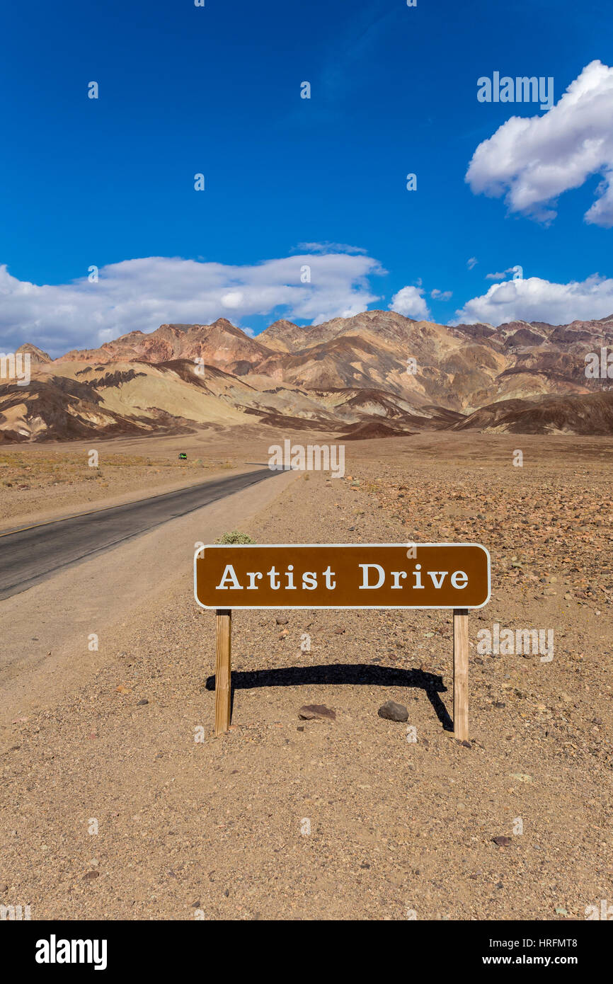 Welcome sign, scenic drive, Artist Drive, Black Mountains, Death Valley ...