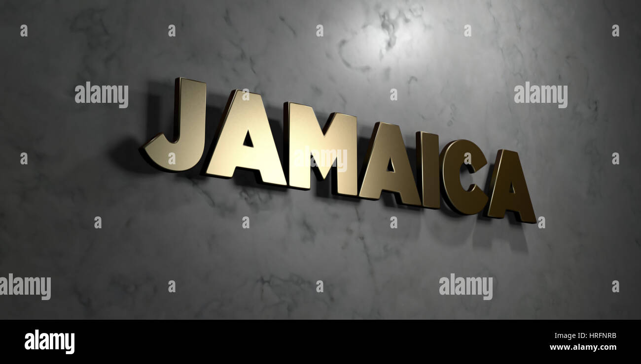 Jamaica - Gold sign mounted on glossy marble wall - 3D rendered royalty ...
