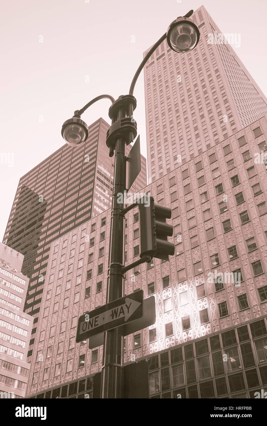 one-way traffic light with skyscrapers in New York City Stock Photo - Alamy