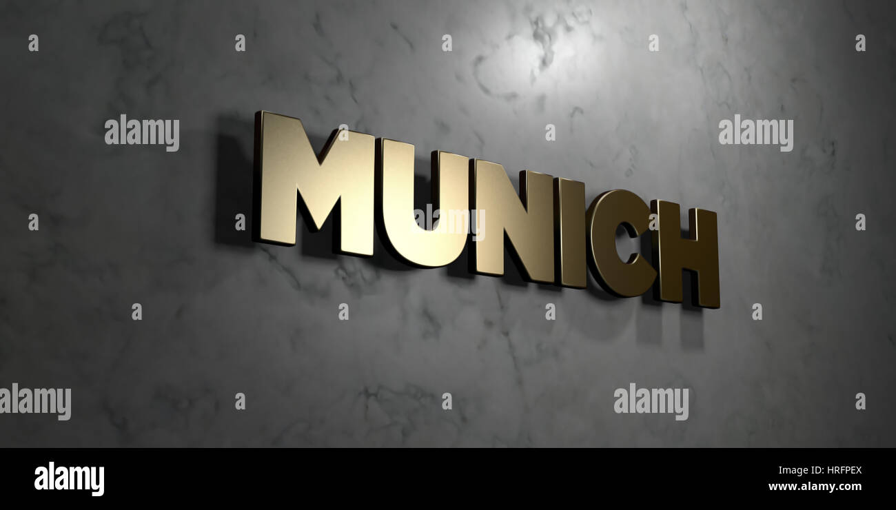 Munich - Gold sign mounted on glossy marble wall - 3D rendered royalty ...