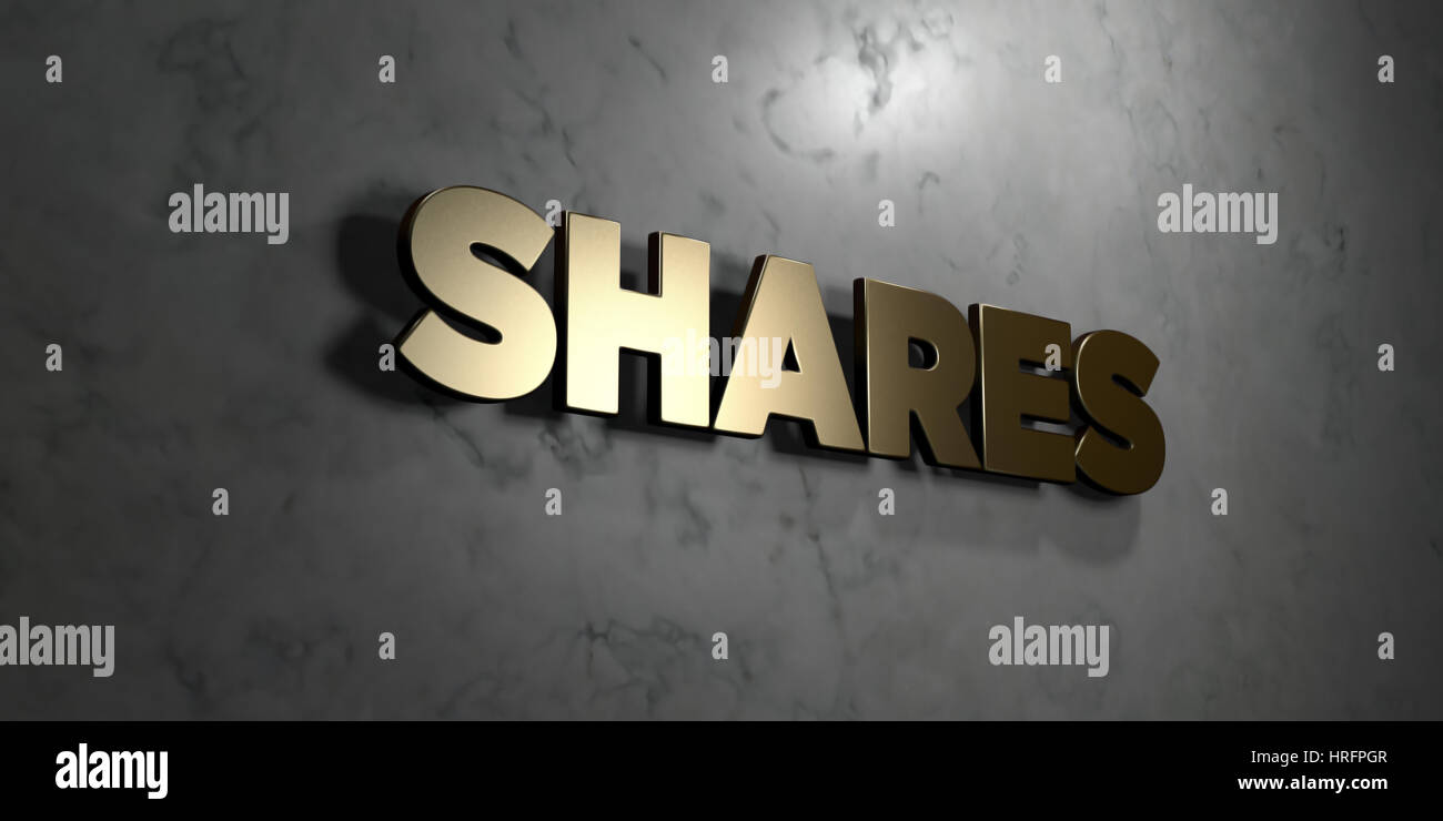 Shares - Gold sign mounted on glossy marble wall - 3D rendered royalty ...