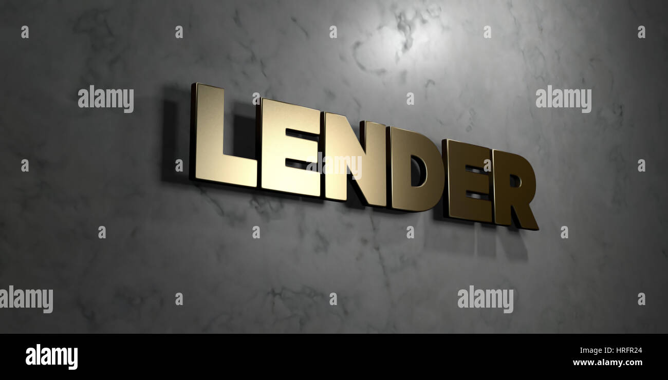 Lender - Gold sign mounted on glossy marble wall - 3D rendered royalty ...