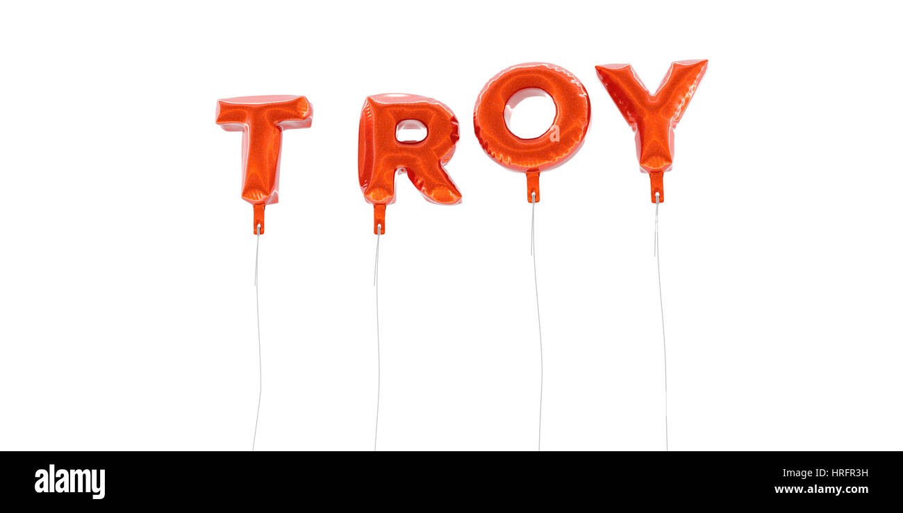 TROY - word made from red foil balloons - 3D rendered. Can be used for ...