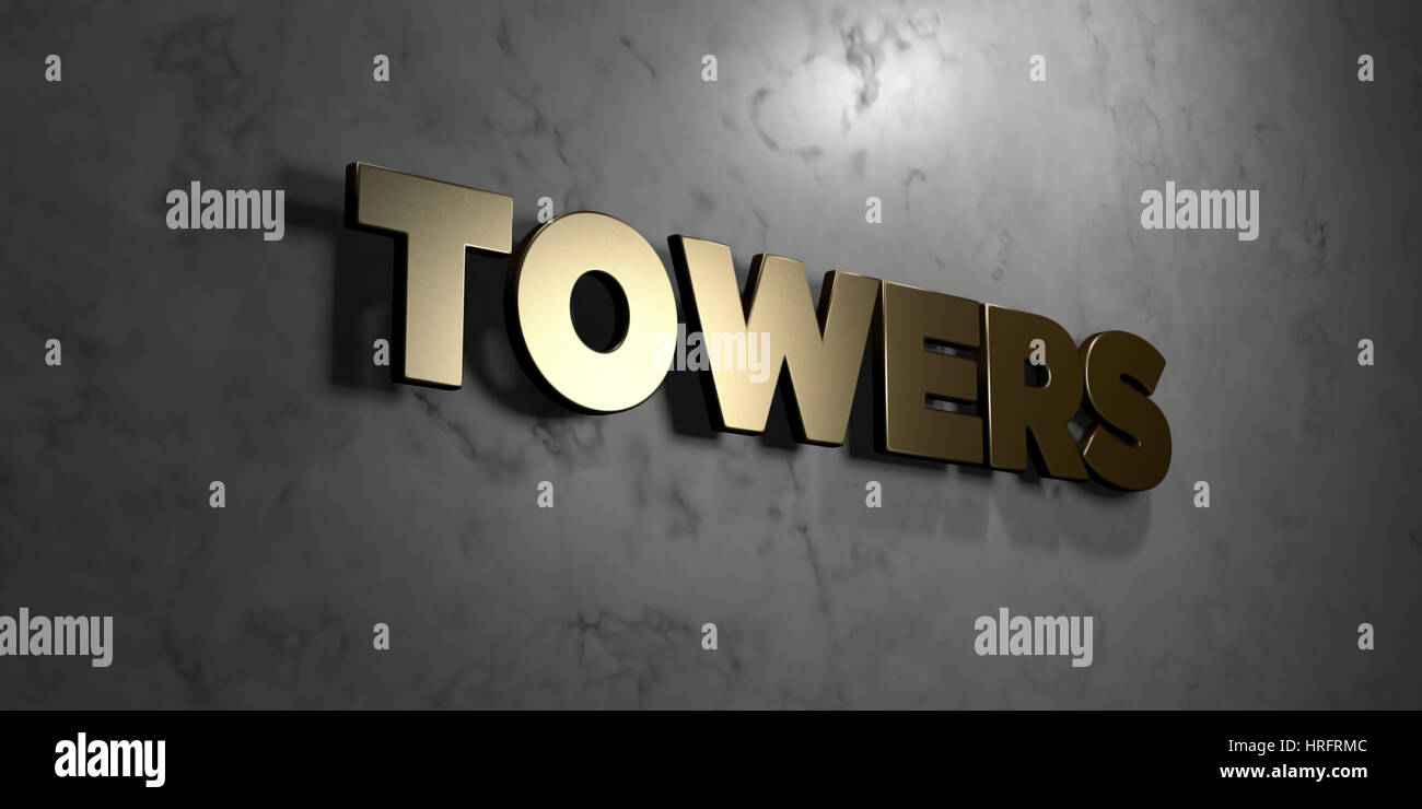 Towers - Gold sign mounted on glossy marble wall - 3D rendered royalty ...