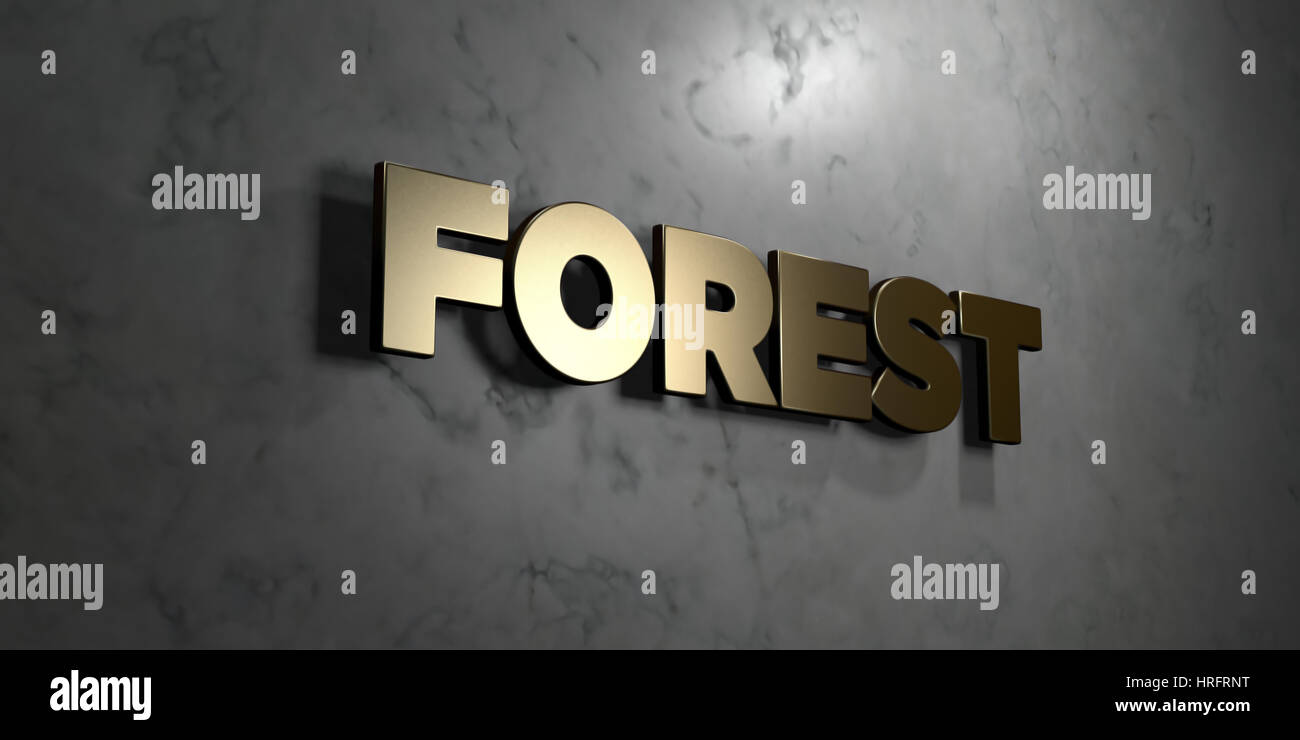 Forest - Gold sign mounted on glossy marble wall - 3D rendered royalty ...