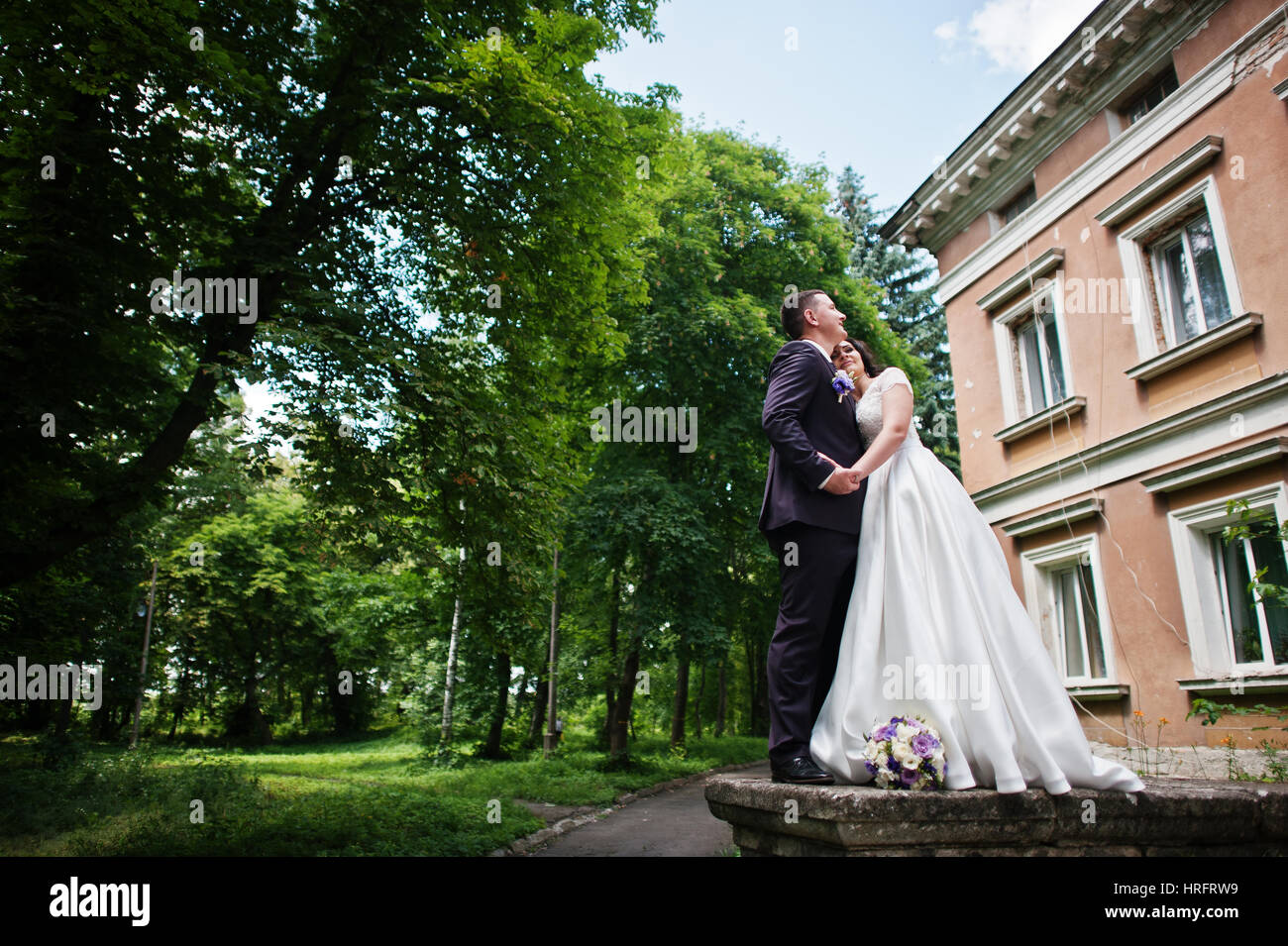 Magnificent wedding couple background green park in love Stock Photo ...
