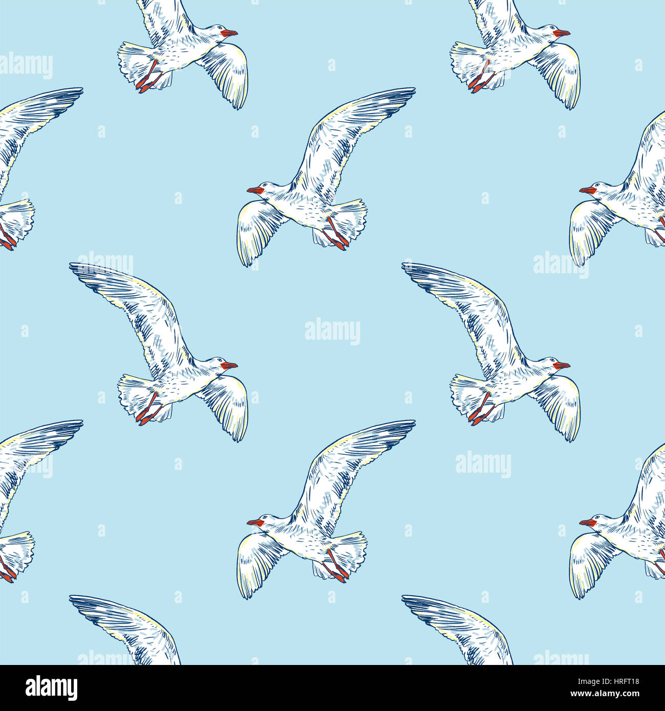 seamless pattern with Gull flight bird and seabird gull. Hand-drawn ...