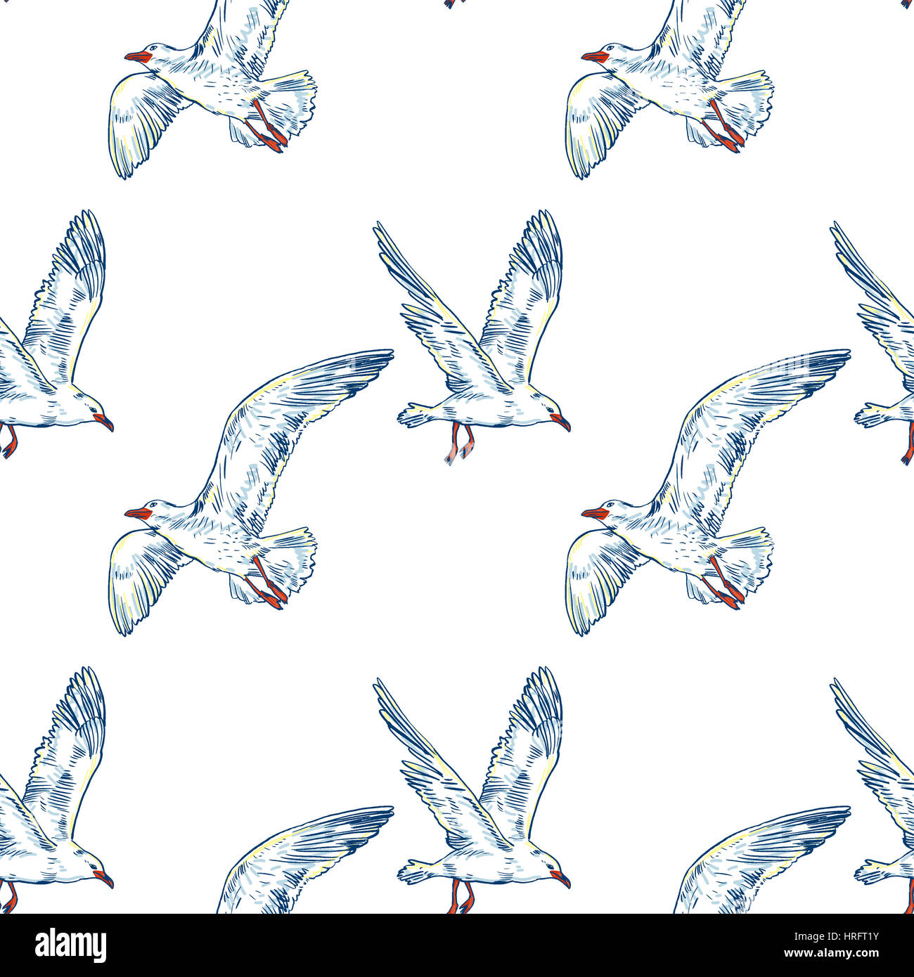 seamless pattern with Gull flight bird and seabird gull. Hand-drawn ...