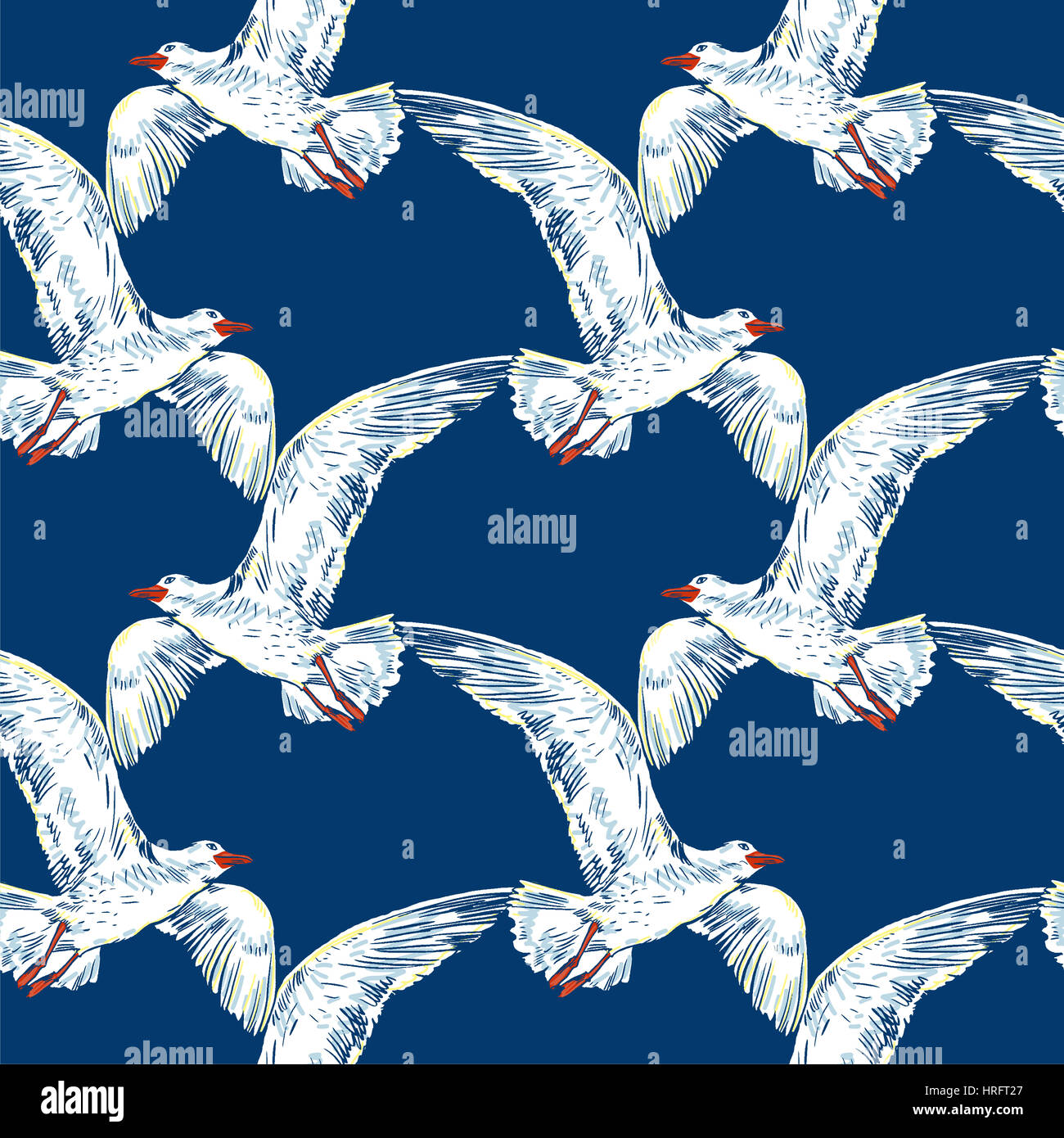seamless pattern with Gull flight bird and seabird gull. Hand-drawn ...