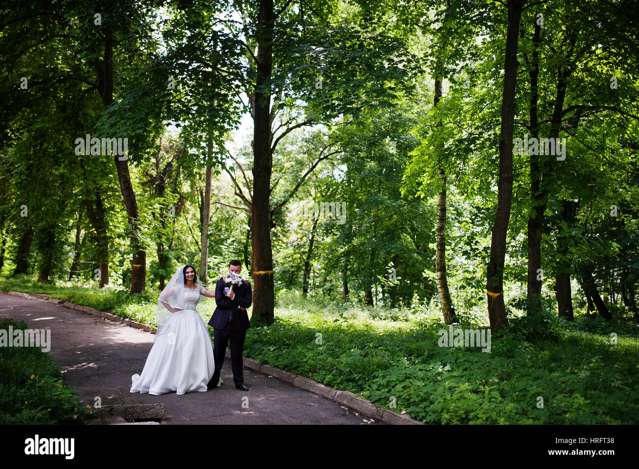 Magnificent wedding couple background green park in love Stock Photo ...