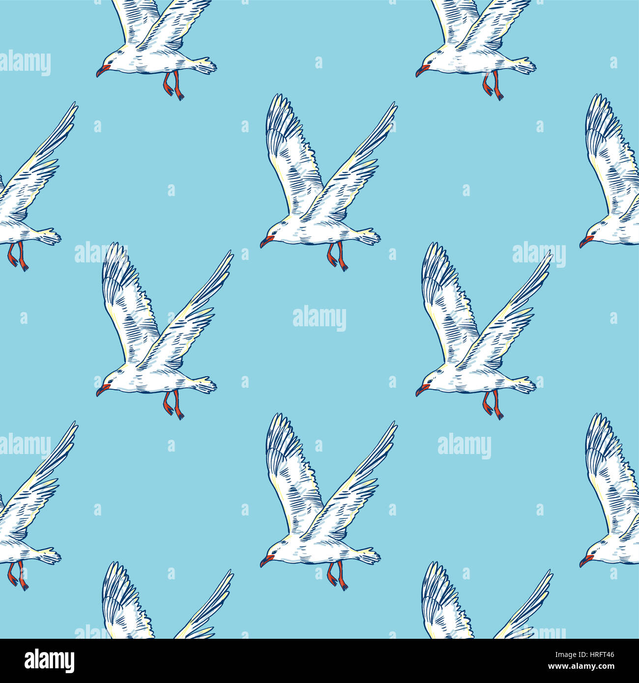 seamless pattern with Gull flight bird and seabird gull. Hand-drawn ...
