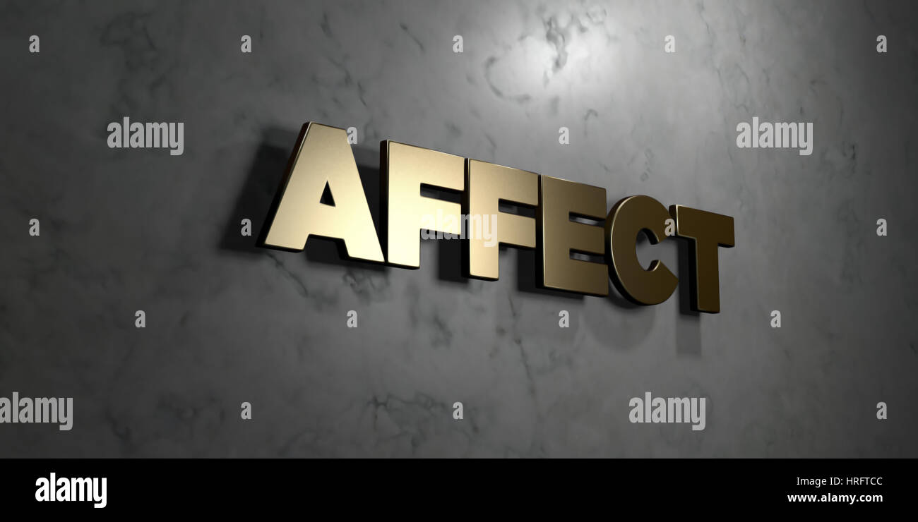 Affect - Gold sign mounted on glossy marble wall - 3D rendered royalty ...